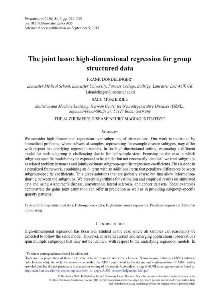 The Joint Lasso - High-Dimensional Regression For Group | PDF | Linear Regression | Regression ...
