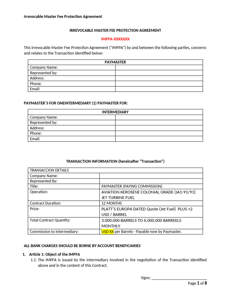 Impfa - Irrevocable Master Fee Protection Agreement - Modelo | PDF ...