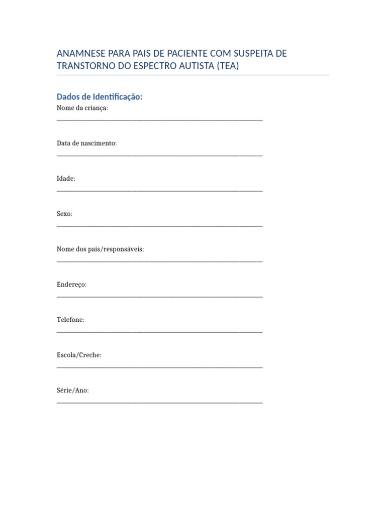 Anamnese TEA Pais e Paciente | PDF | Autismo | Conceitos psicológicos
