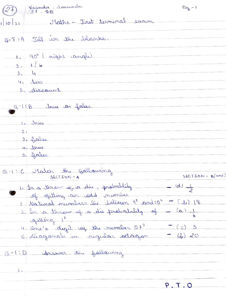 Maths First Terminal Exam, 11 October 2021 | PDF