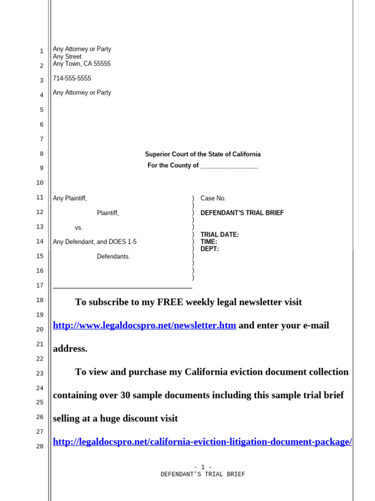 Sample Trial Brief For California Unlawful Detainer Eviction | PDF | Affirmative Defense | Eviction