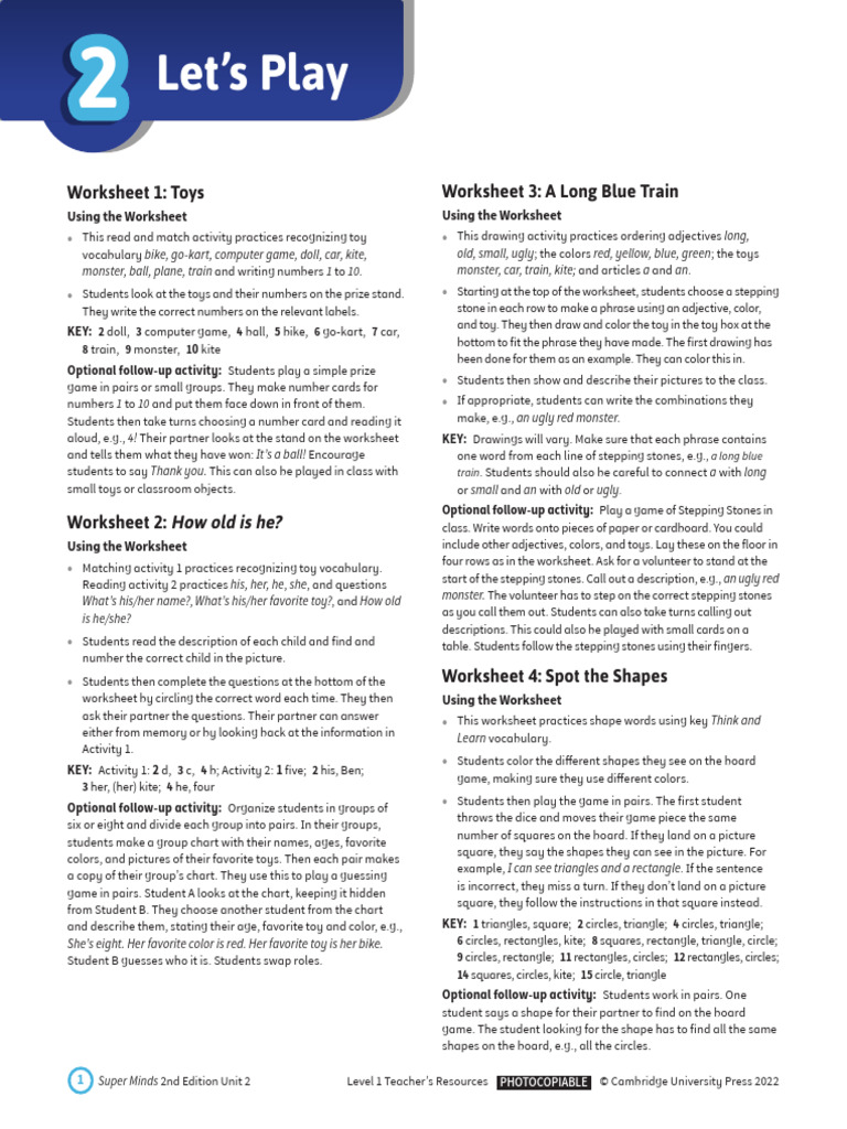 Super Minds Unit 2 Teacher Resources | PDF | Toys