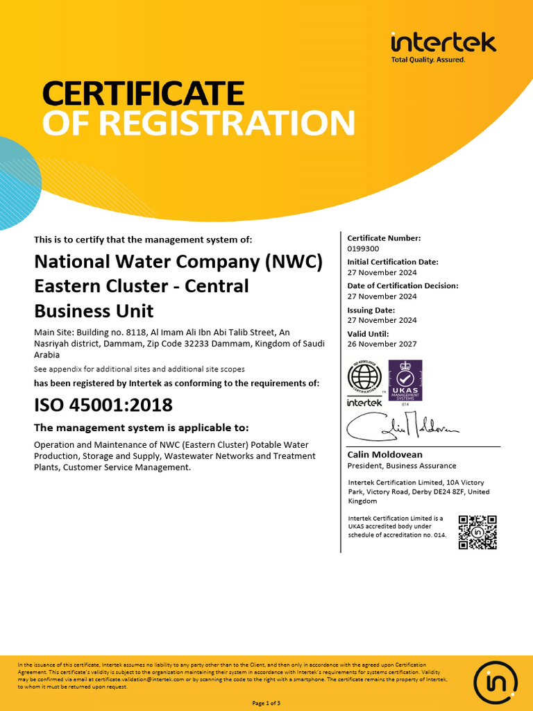 ISO 45001 0199300 - ENG - National - Water - Company - (NWC) - Eastern - Cluster - Central ...