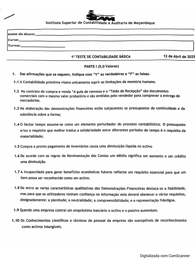 1° Teste de Contabilidade-2025 | PDF