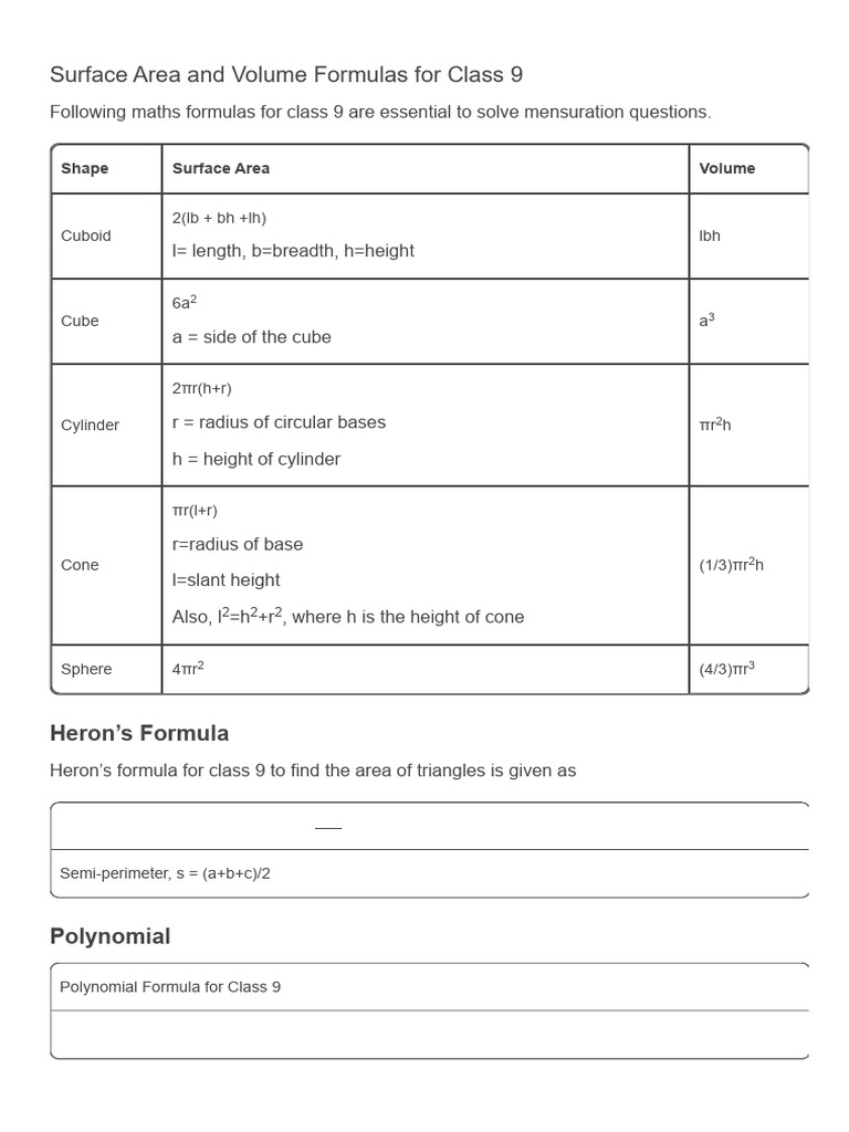 Maths Formulas For Class 9 _ List of Important Formulas for Grade 9 2 | PDF