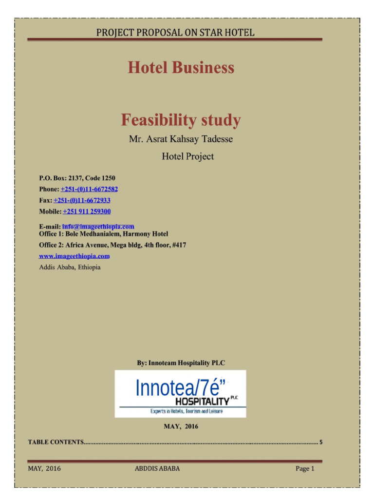 Star Hotel Project Proposal in Ethiopia | PDF | Marketing | Tourism