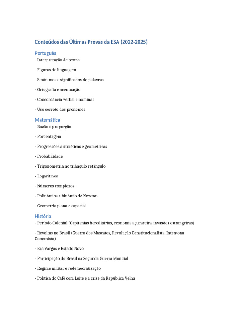 Conteudos Provas ESA | PDF