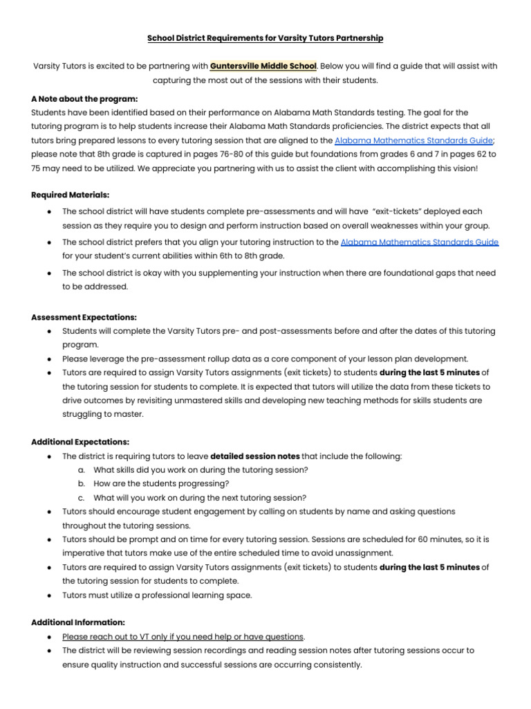 Guntersville Middle Math Tutor Requirements and Expectations | PDF ...