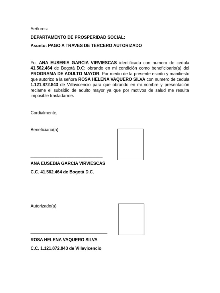 Carta Adulto Mayor Prosperidad Social | PDF