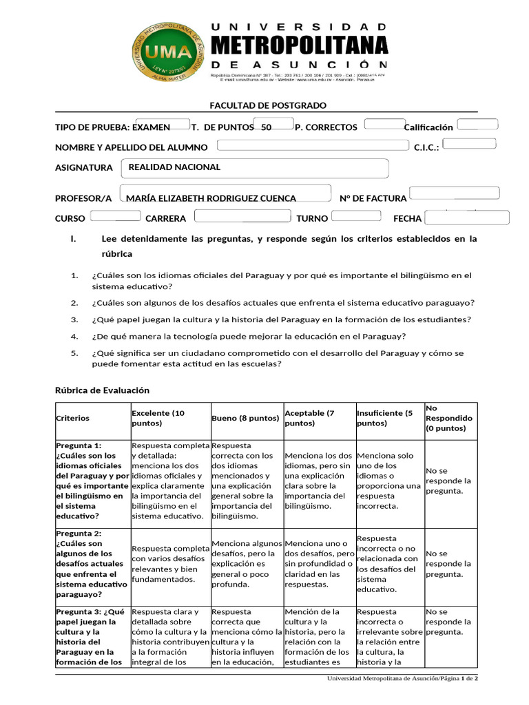 Examen de Realidad Nacional Postgrado | PDF