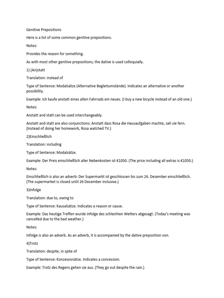 Some Important Genitive Prepositions | PDF