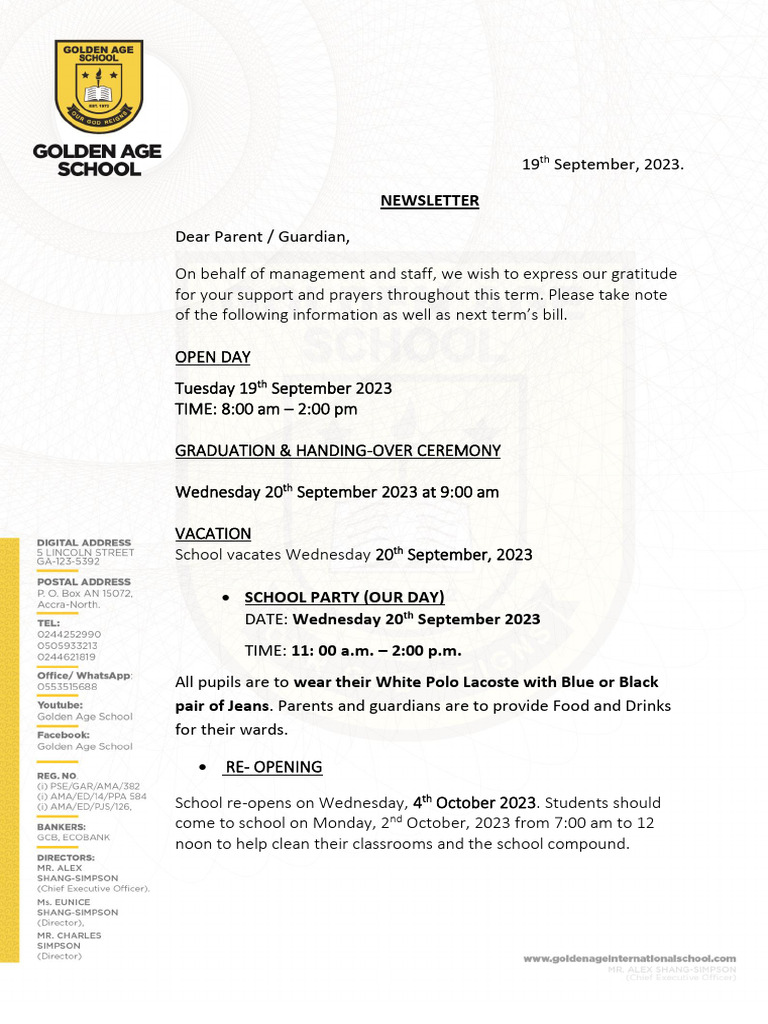 School Newsletter: Key Dates & Fees | PDF