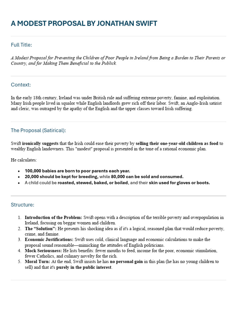 A MODEST PROPOSAL BY JONATHAN SWIFT | PDF | Satire | Jonathan Swift