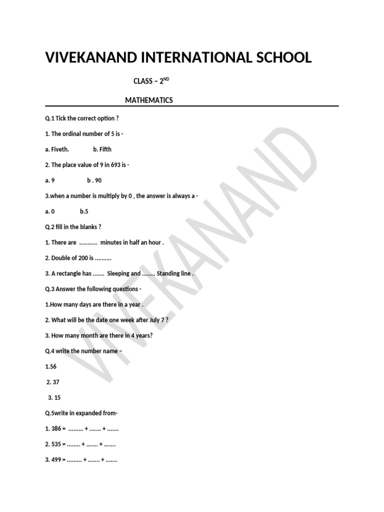 Class 2 Mathematics Worksheet | PDF