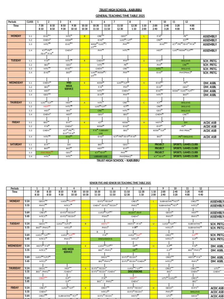 Senior One To Senior Six Teaching Time Table 2025-1-3 | PDF