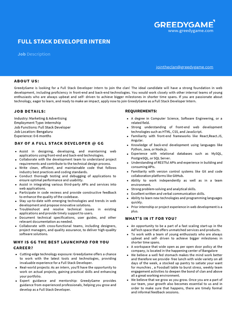 Full Stack Developer Intern at GreedyGame | PDF | Software Development ...