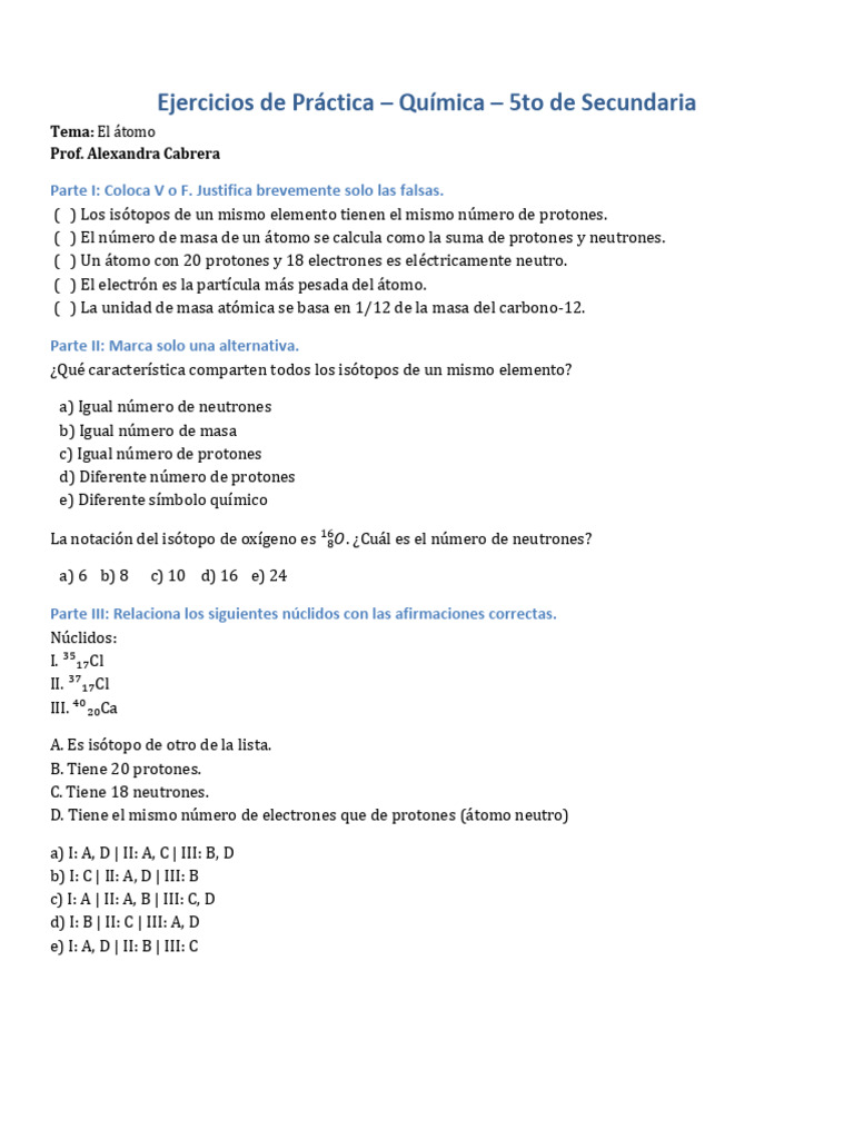 Ejercicios Practica Quimica 5to Secundaria | PDF