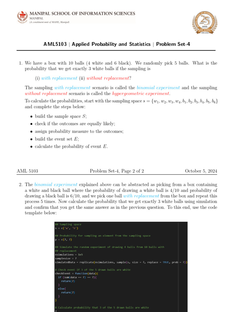 AML5103 AppliedProbabilityAndStatistics OddSemester2024 ProblemSet4 | PDF