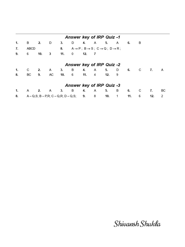 Physics - IRP - Quiz - Answer Key 1 To 3 | PDF