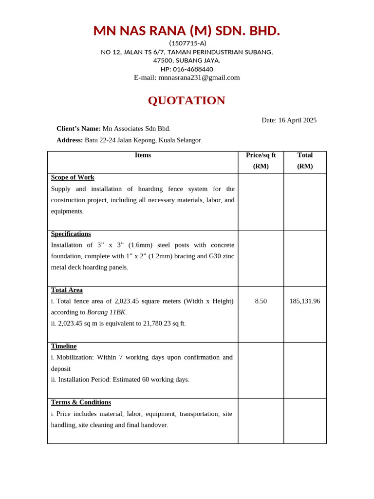 Quotation MN Associates SDN BHD | PDF