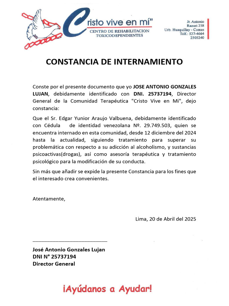 Constancia de Internamiento | PDF