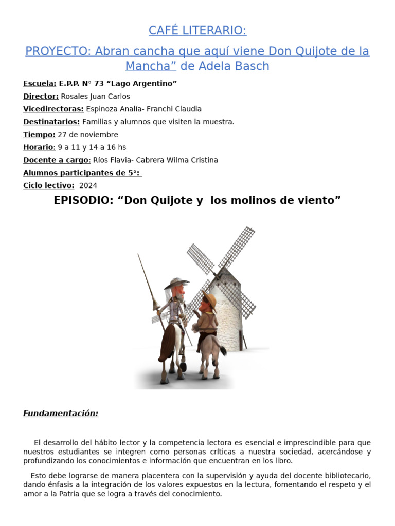 CAFÉ LITERARIO. Proyecto de Obra A Representar Don Quijote y Los ...