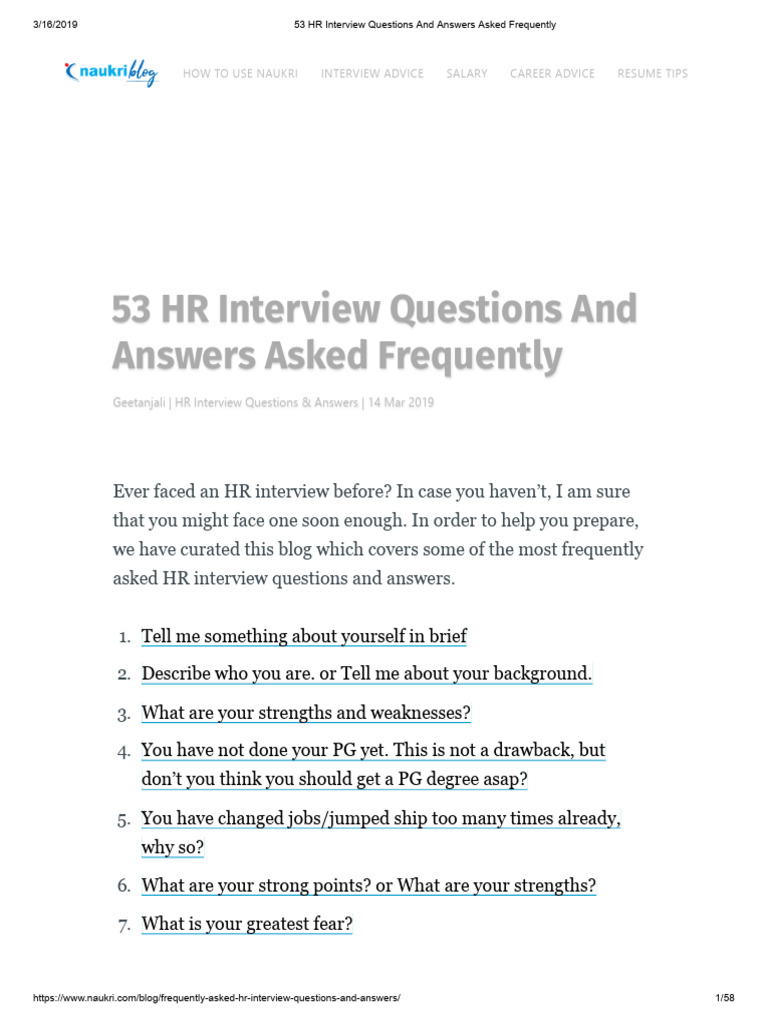 53 HR Interview Questions and Answers Asked Frequently | PDF | Job ...