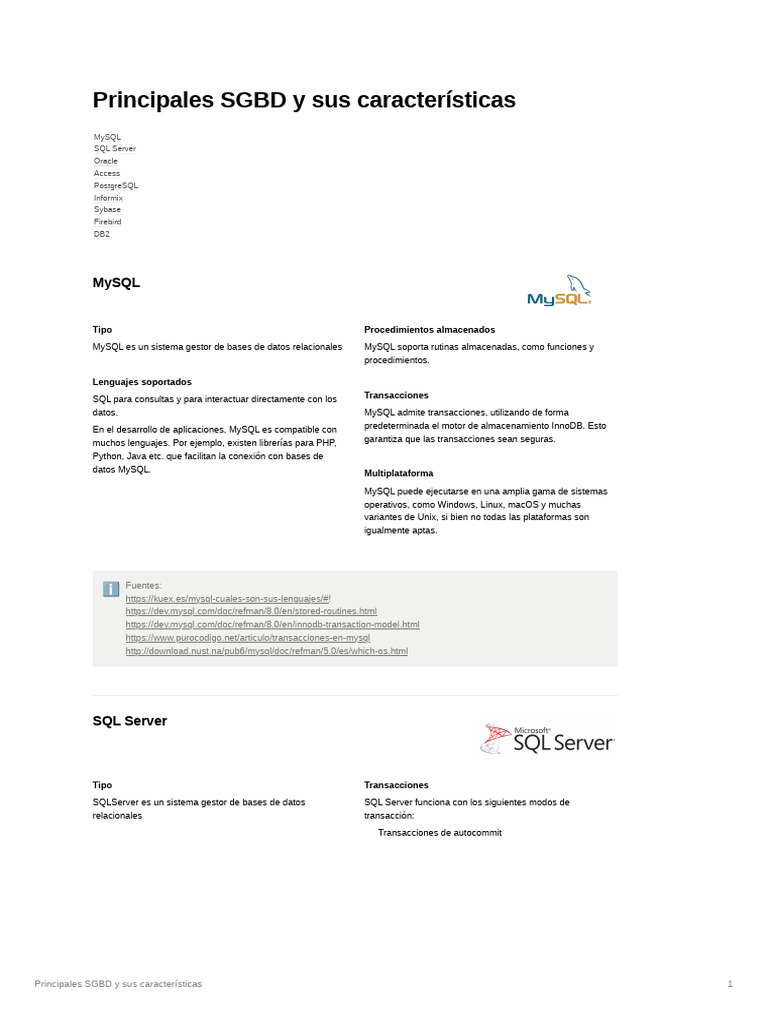 01 Principales SGBD y Sus Caractersticas | PDF | Mi sql | Bases de datos