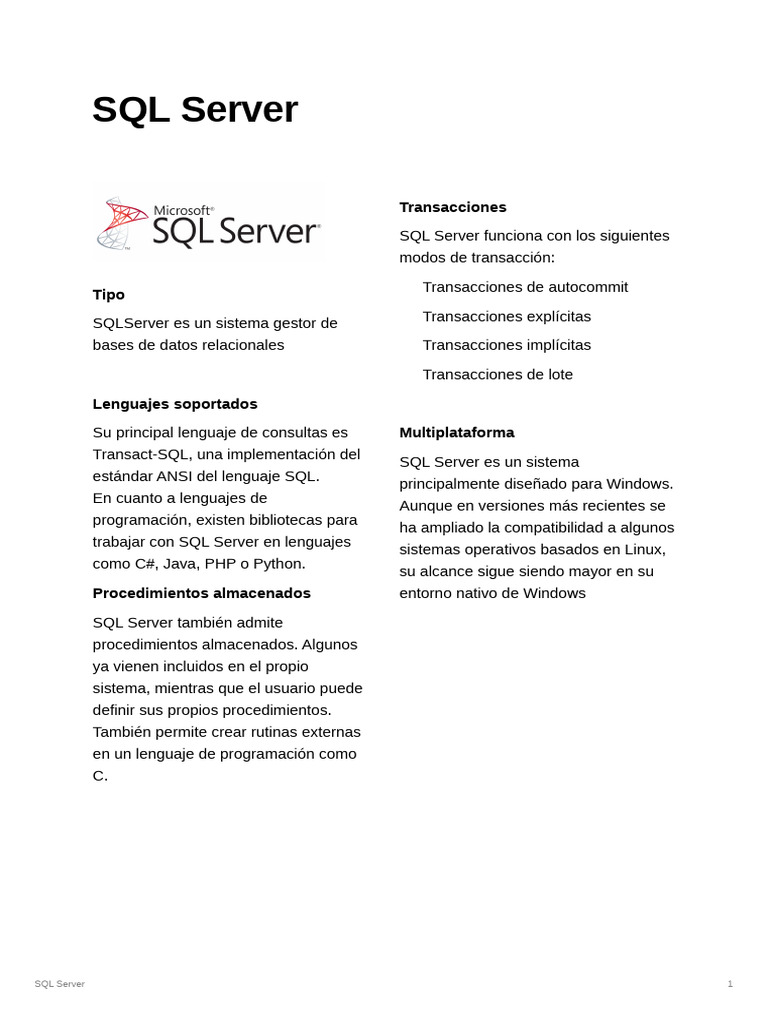Introducción a SQL Server y sus funciones | PDF | Servidor SQL de Microsoft | SQL