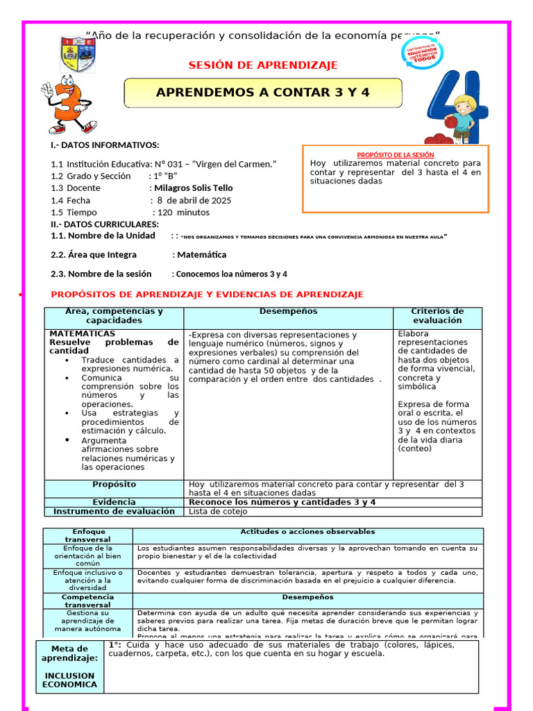 1º Adicional Sesion Mat Aprendemos A Contar 3y 4 | PDF | Aprendizaje ...