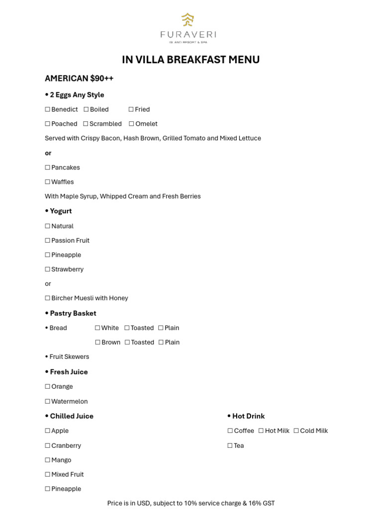 American in Villa Brekkie Menu | PDF