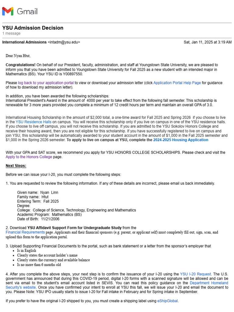 YSU Gmail - YSU Admission Decision | PDF