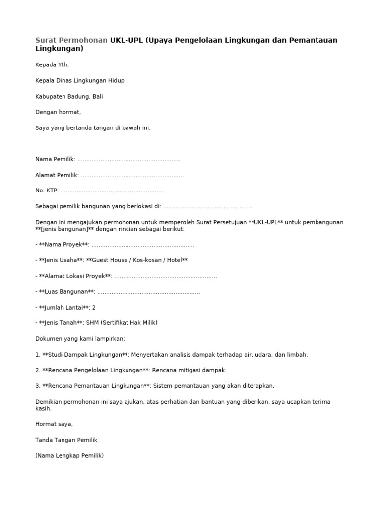 Surat Permohonan UKL-UPL (Upaya Pengelolaan Lingkungan Dan Pemantauan ...