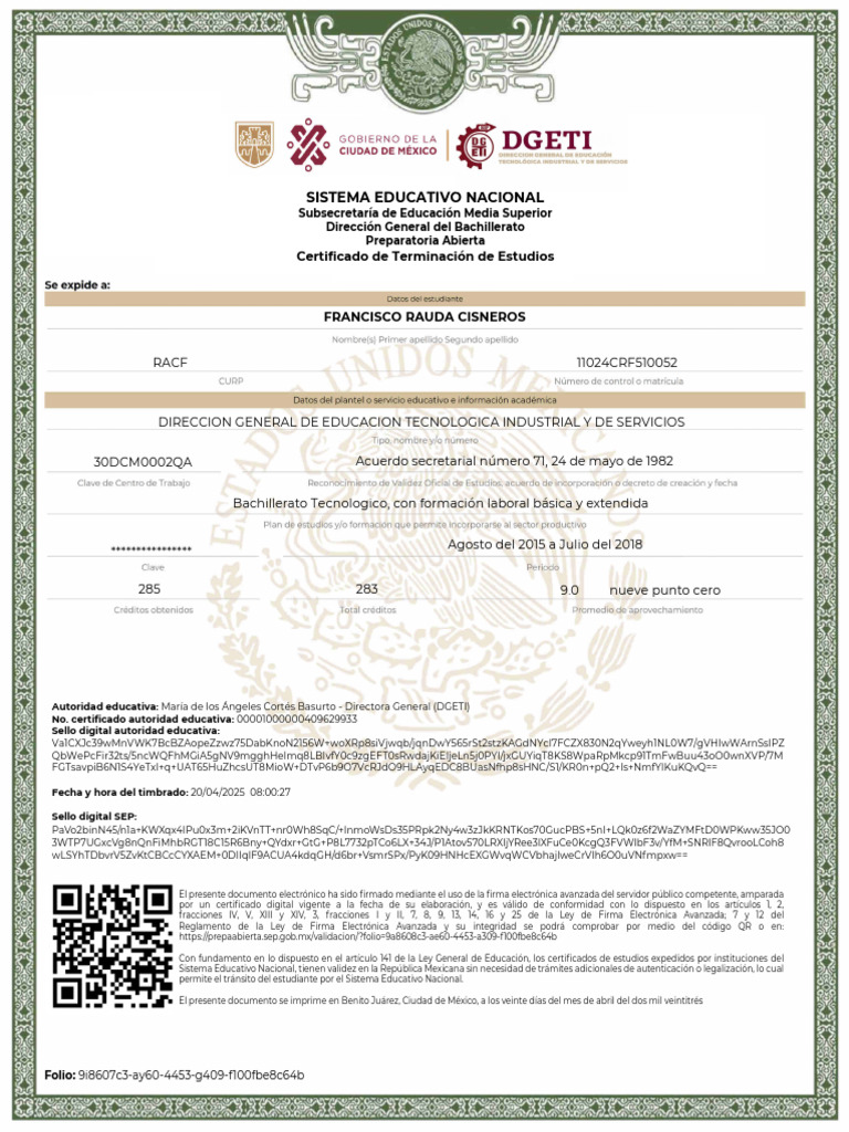 11024CRF510052 Certificado Prepa DGETI Estatal 2025 | PDF