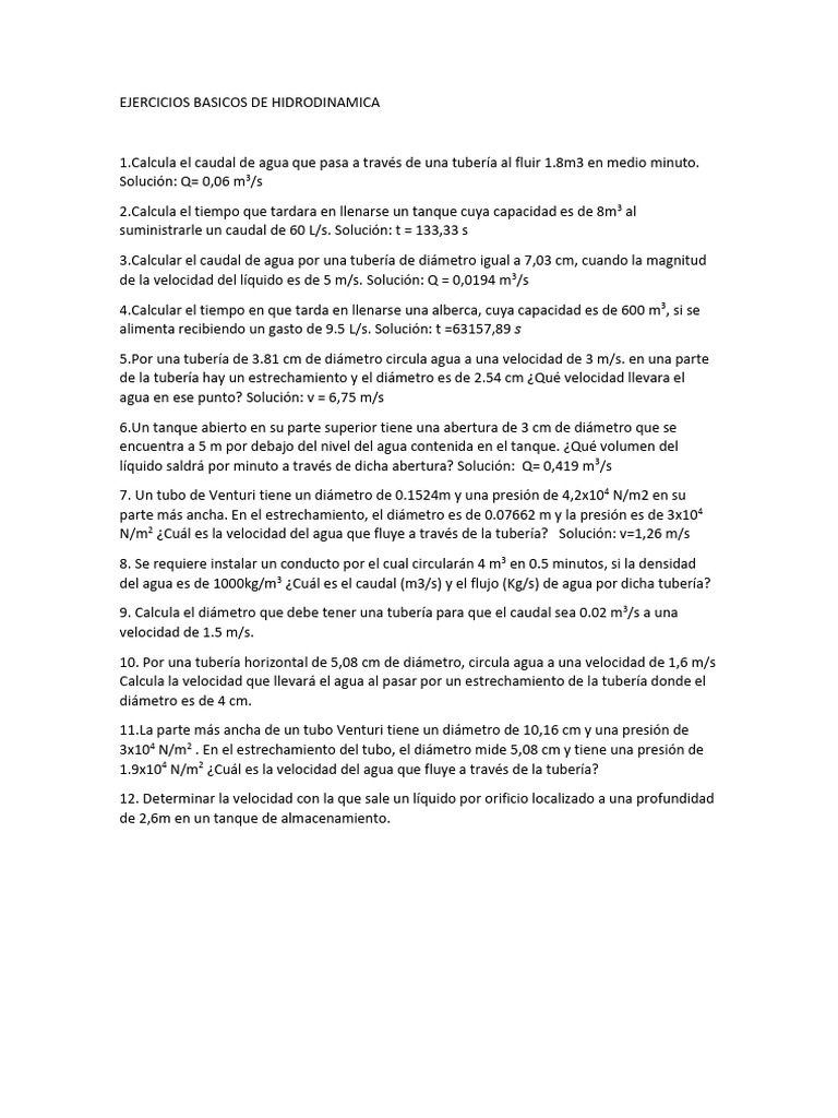 Ejercicios Basicos de Hidrodinamica | PDF