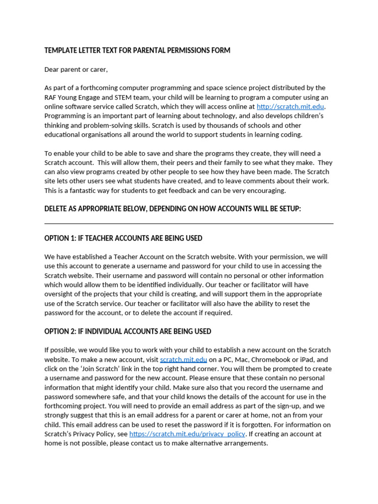 Scratch Parental Permissions Template | PDF | Scratch (Programming ...
