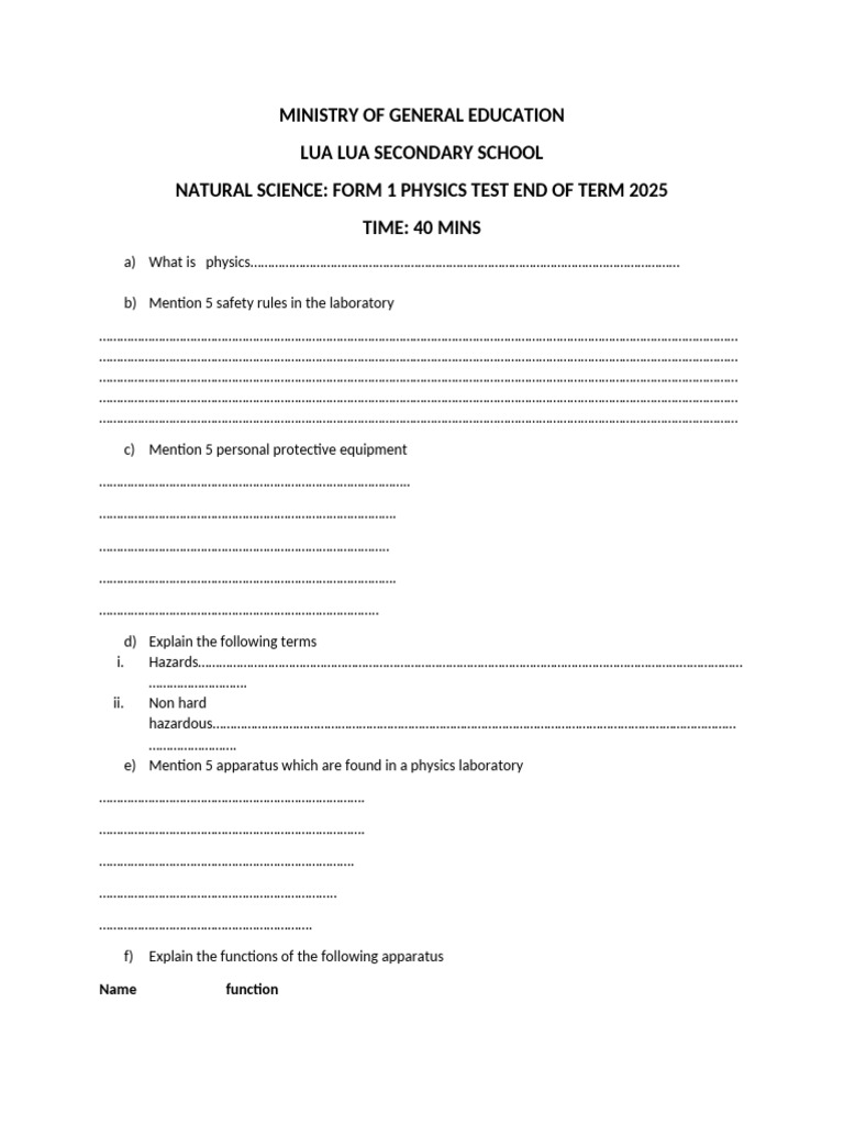 Form 1 Phy End of Term 1 2025 | PDF