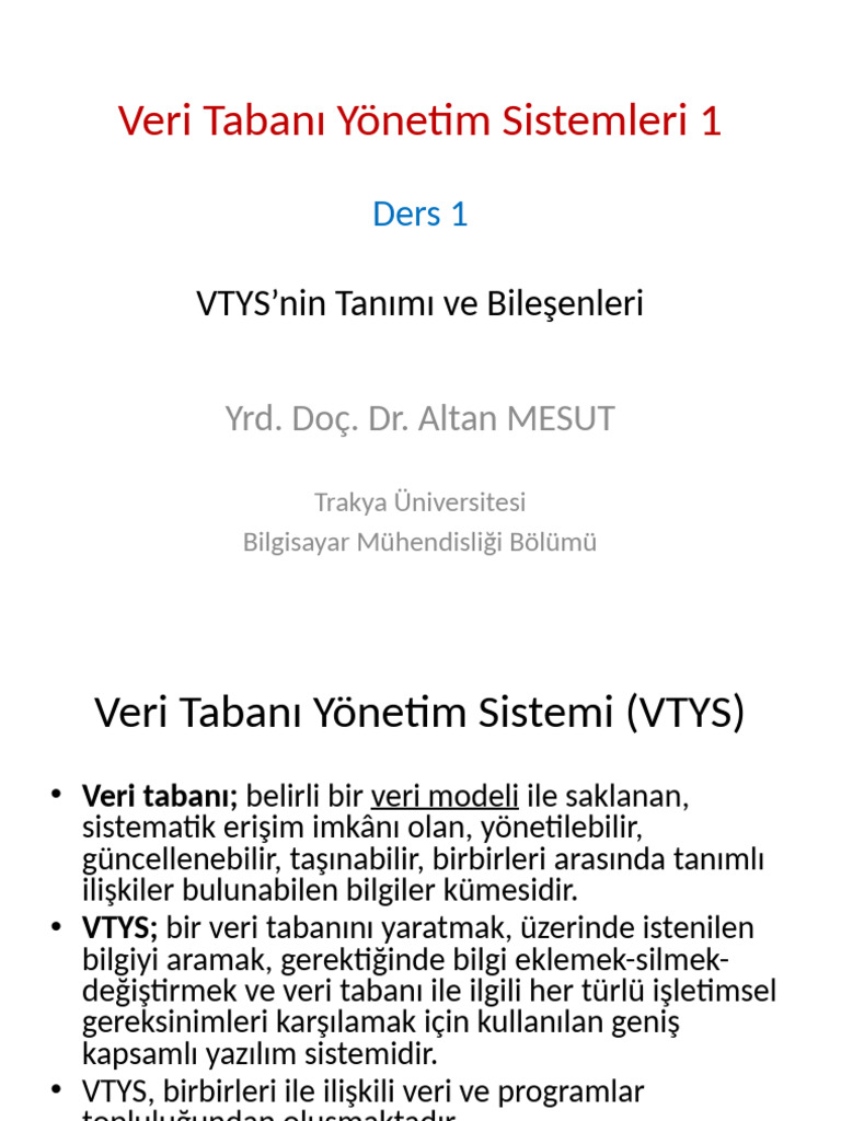 Ders 1 - VTYS'nin Tanımı Ve Bileşenleri | PDF