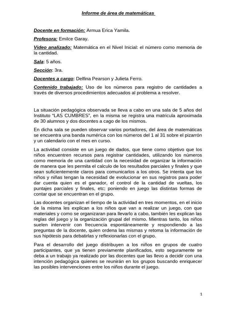 Informe de Matematicas | PDF | Enseñando | Cognición