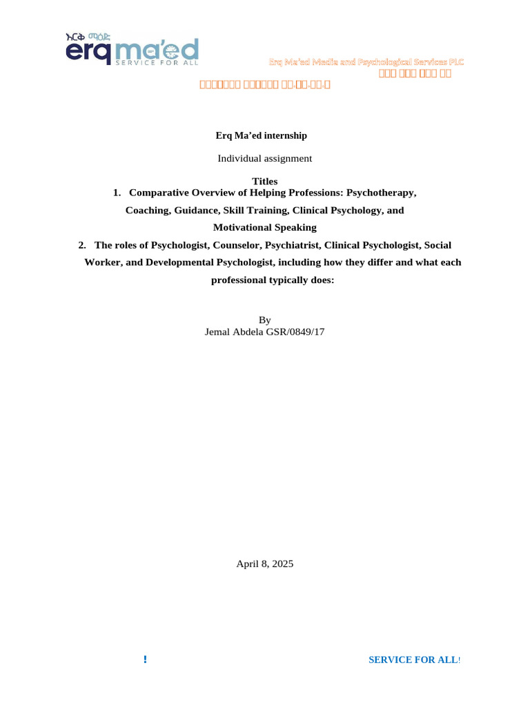 Assignment of Earq Maed by Jemal | PDF | Psychotherapy | Psychologist