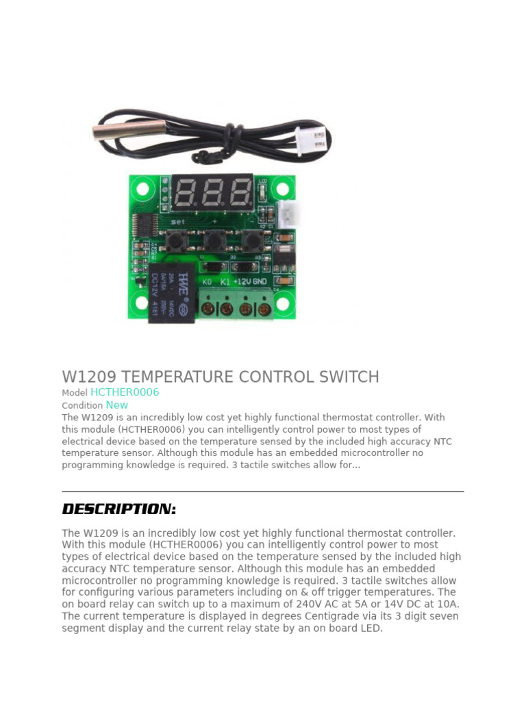 W1209 Temperature Control Switch | PDF | Sensor | Relay