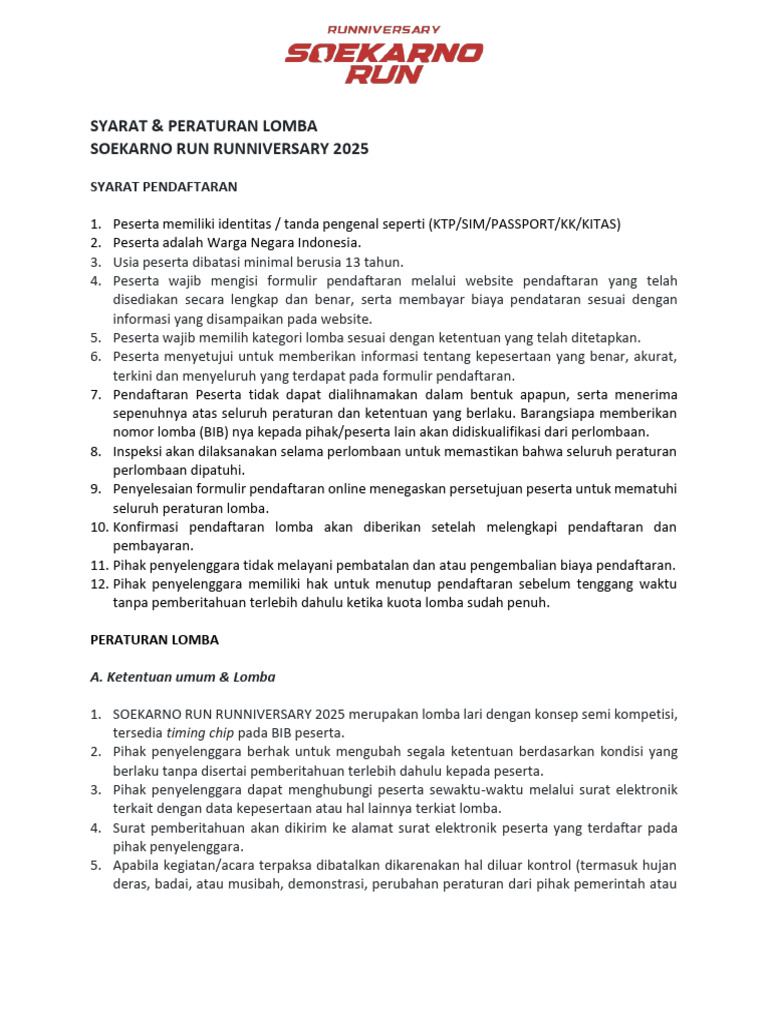 Syarat dan Peraturan Soekarno Run 2025 | PDF