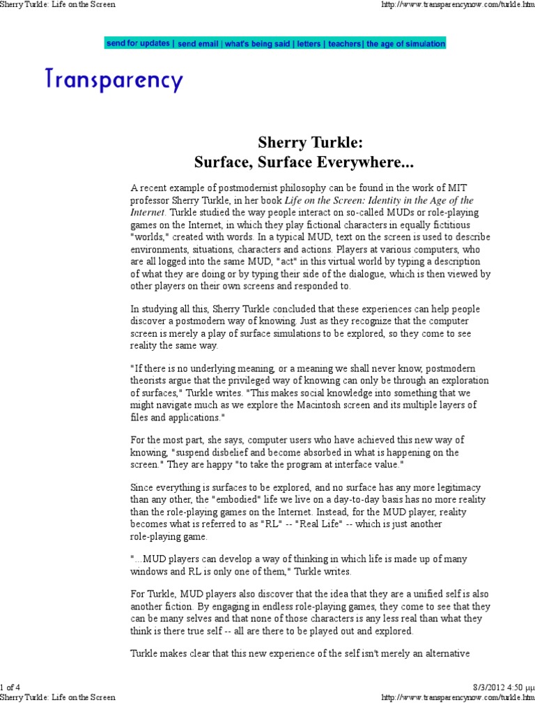 Sherry Turkle - Life On The Screen | PDF | Self | Reality
