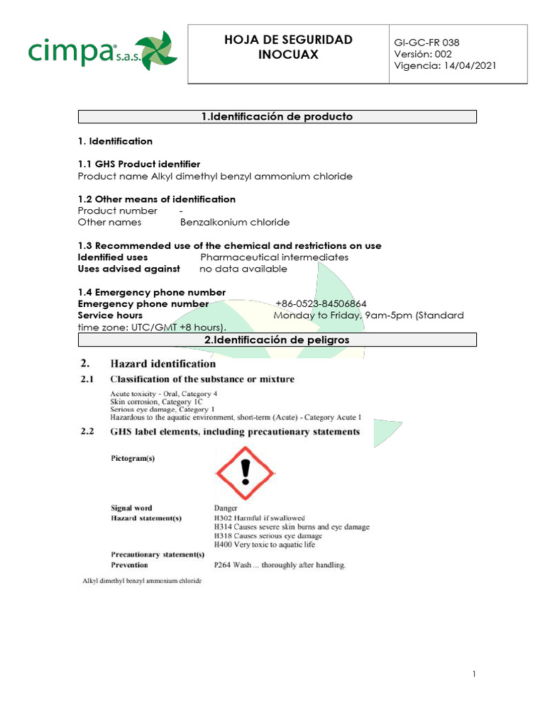 Hoja de Seguridad - Inocuax | PDF