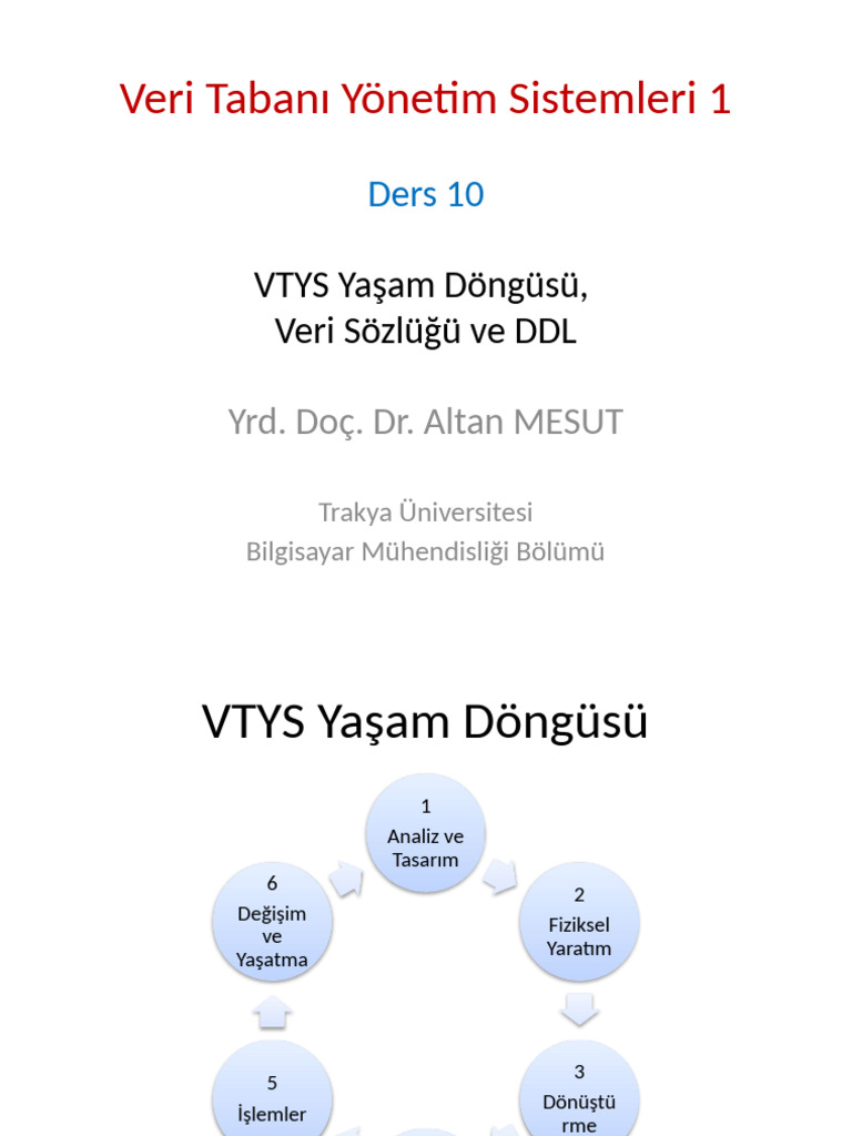 Ders 10 - VTYS Yaşam Döngüsü, Veri Sözlüğü ve DDL | PDF