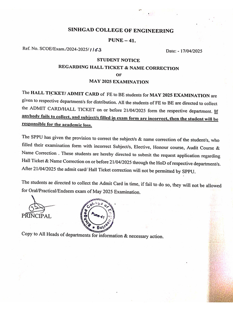 Students Notice For Hall Ticket & Name Correction May 2025 Examination ...