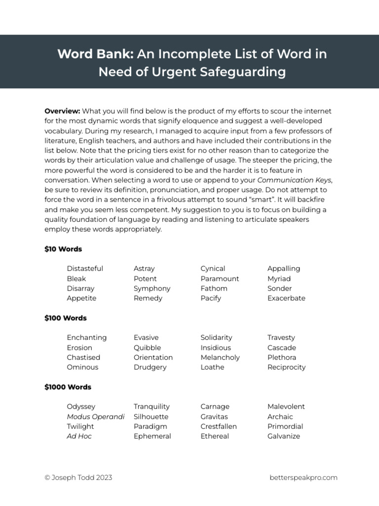 Word Bank: Vocabulary for Eloquence | PDF