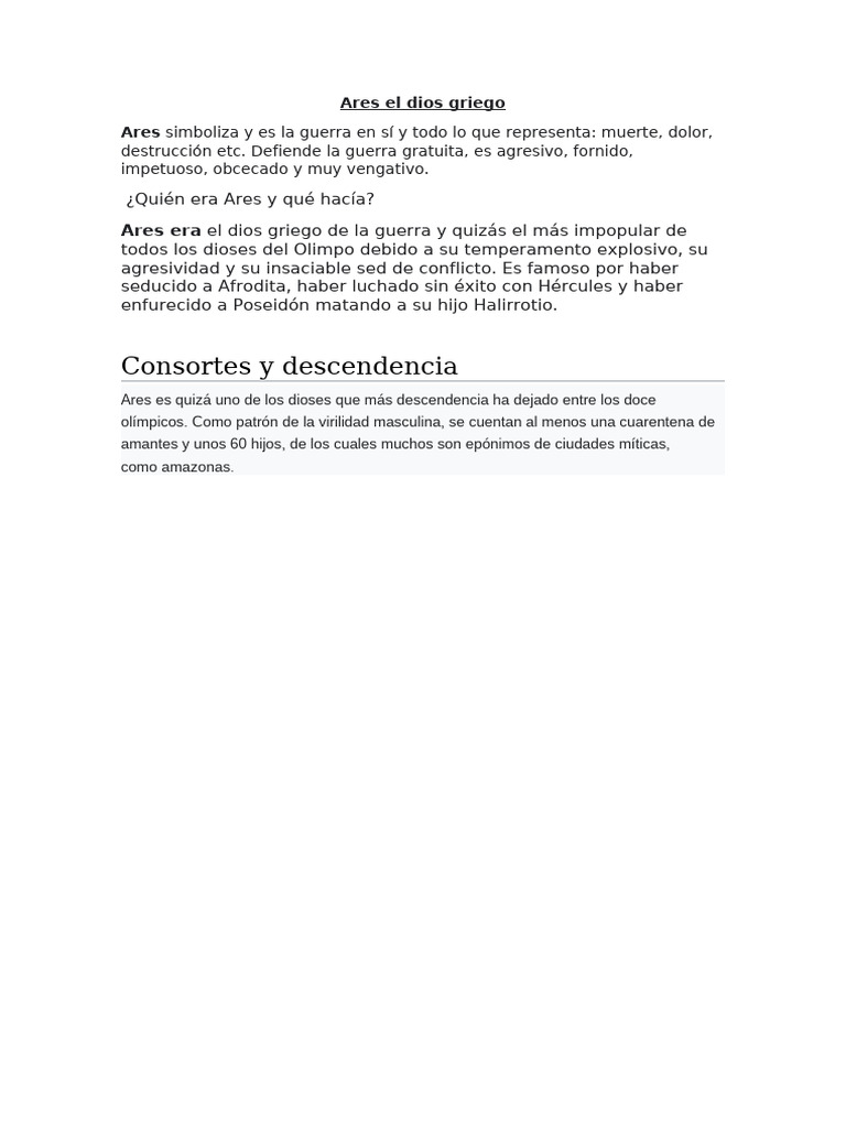 Ares: Dios Griego de la Guerra | PDF