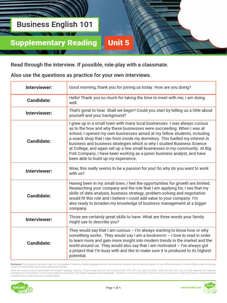 Business English Interview Role-Play Guide | PDF | English As A Second ...