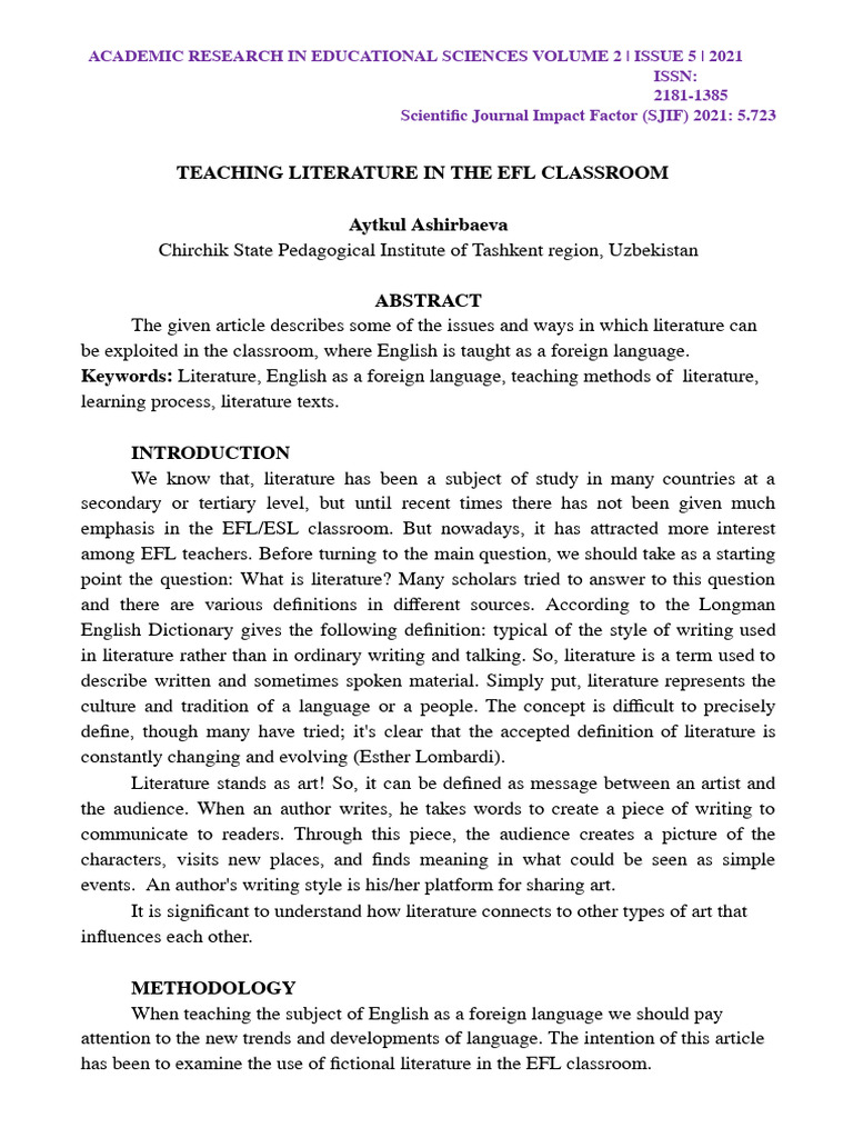 Teaching Literature in The Efl Classroom | PDF | English As A Second Or ...